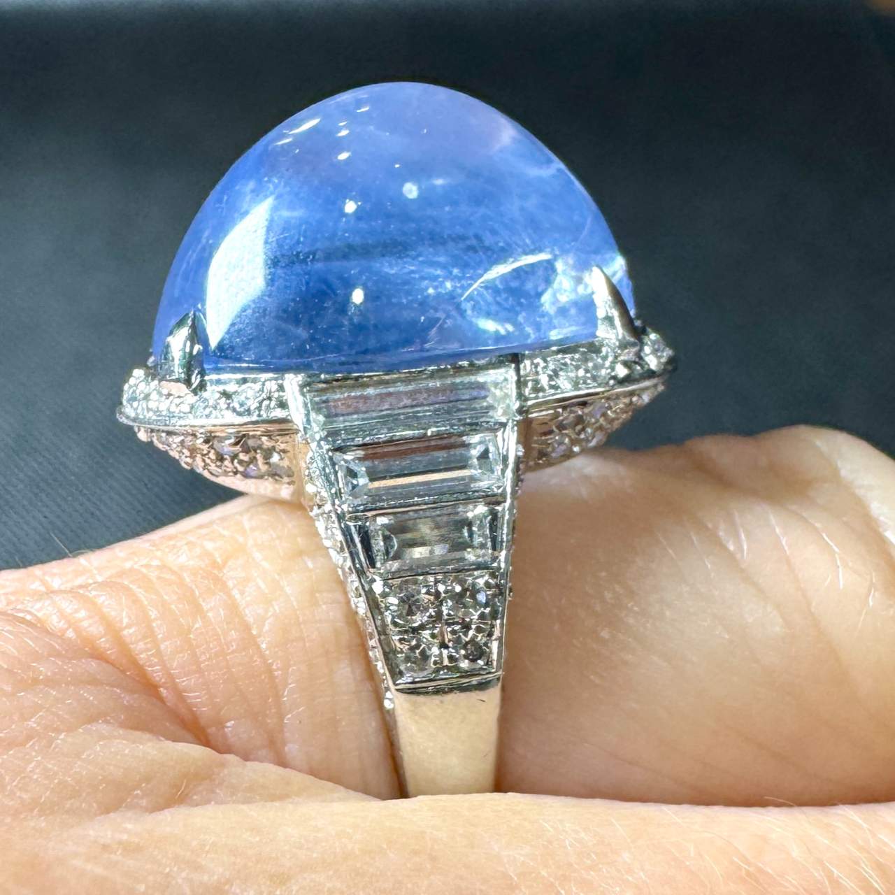 Art Deco Platinum GCS Certified 21.30 Ct. No-heat Ceylon Star Sapphire & Diamond Ring - Jewelry ...